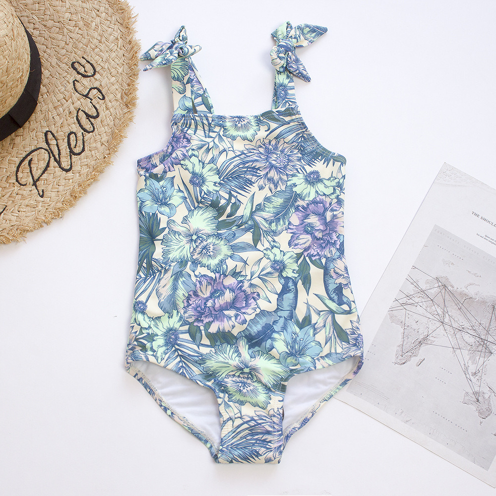 2023 New Style Tropical Printed One-Piece Girl′ S Swimsuit Bow Strap ...