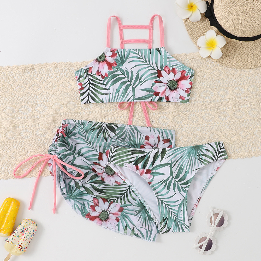 Three-Piece Girls′ Swimsuit Beach Suit Skirt Tropical Style Printed ...